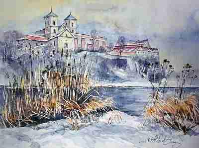 Wiktor Zin ' 2002 Opactwo w Tyńcu zimą akwarela